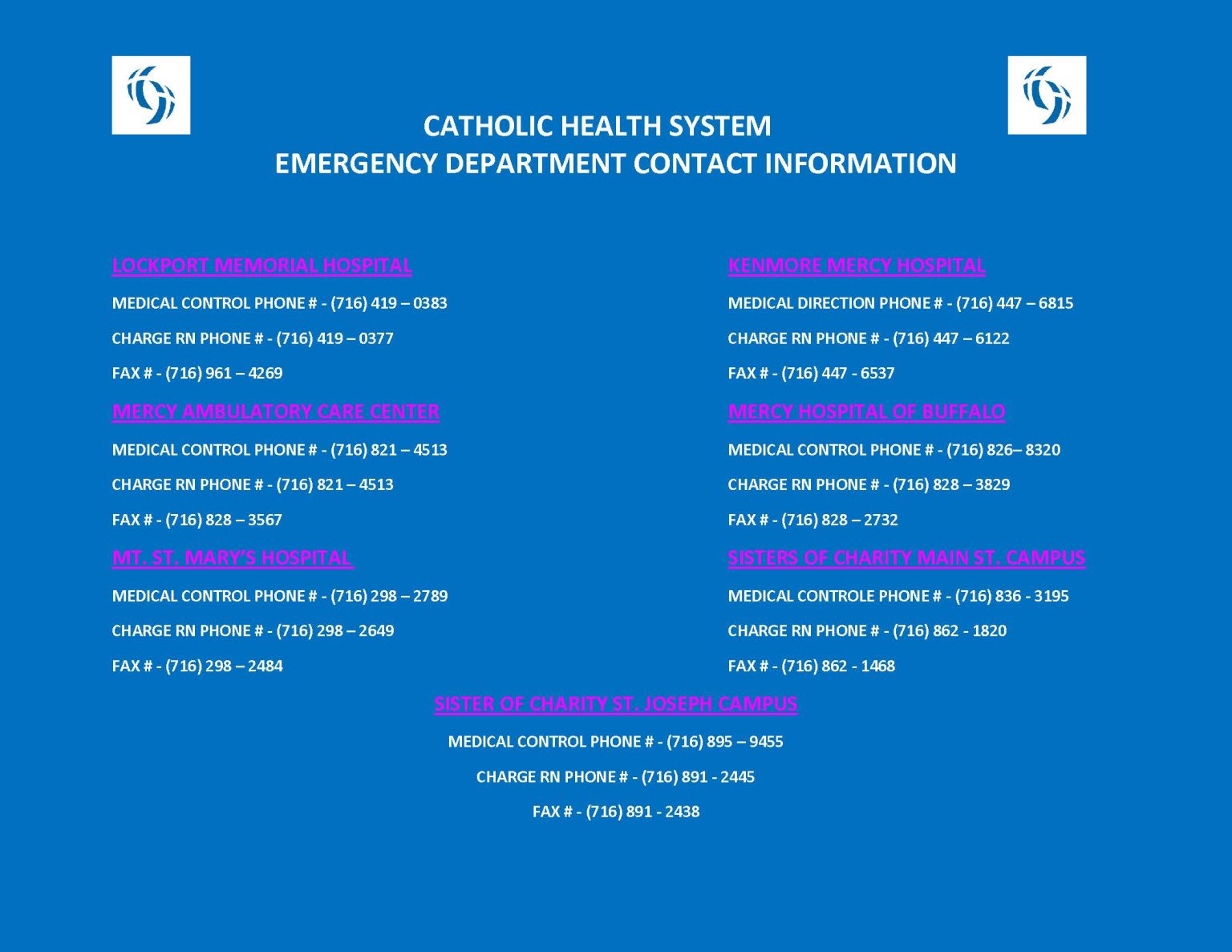 Catholic Health Hospitals Phone List – UB|MD Emergency Medicine EMS ...