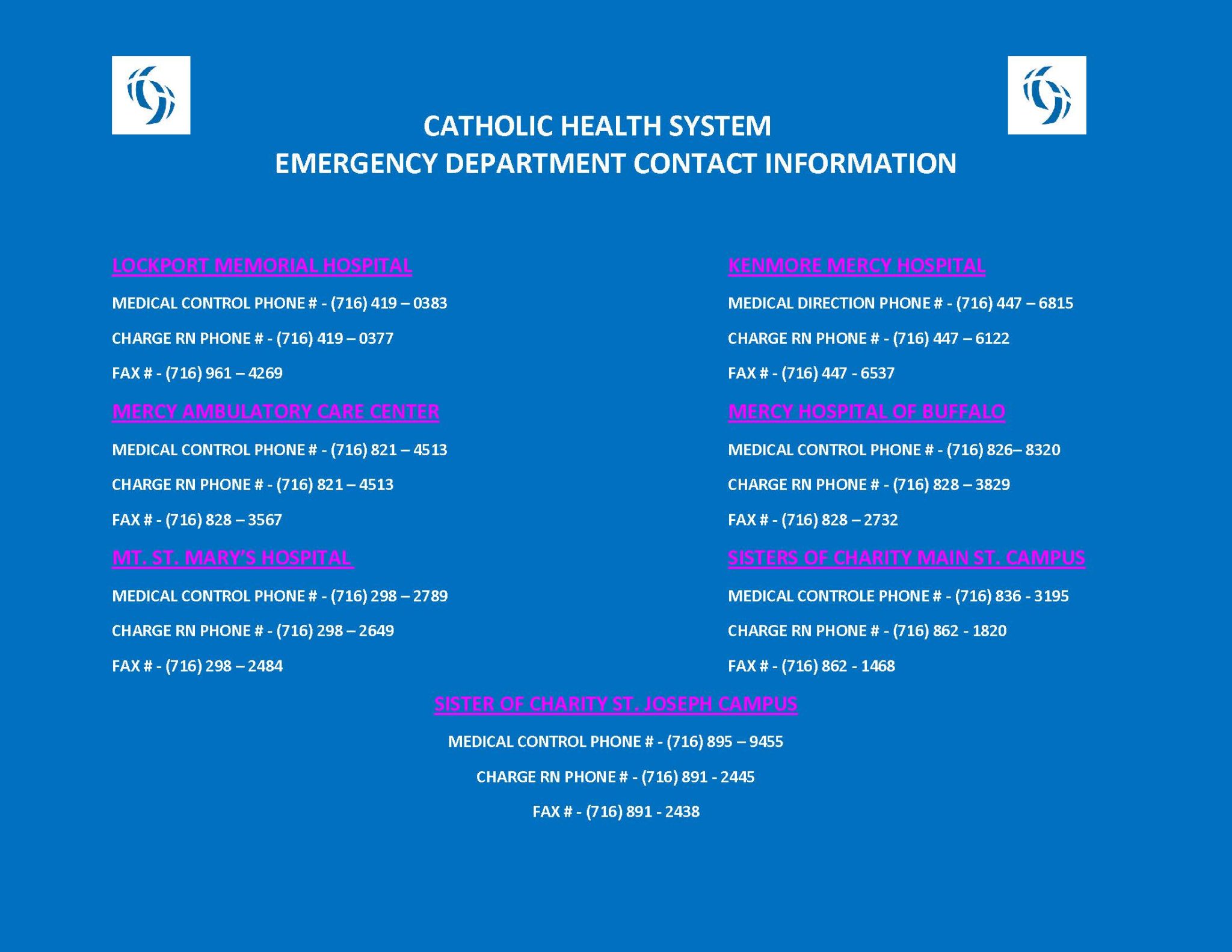 Catholic Health Hospitals Phone List – UB|MD Emergency Medicine EMS ...
